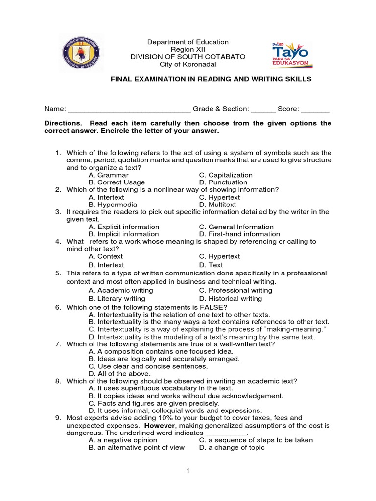 Final Examination in Reading and Writing Skills | Download Free PDF ...