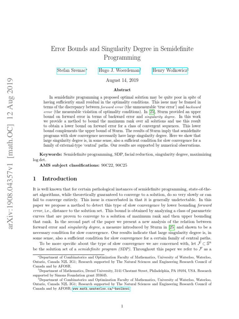 Error Bounds and Singularity Degree in Semidefinite Programming | PDF ...