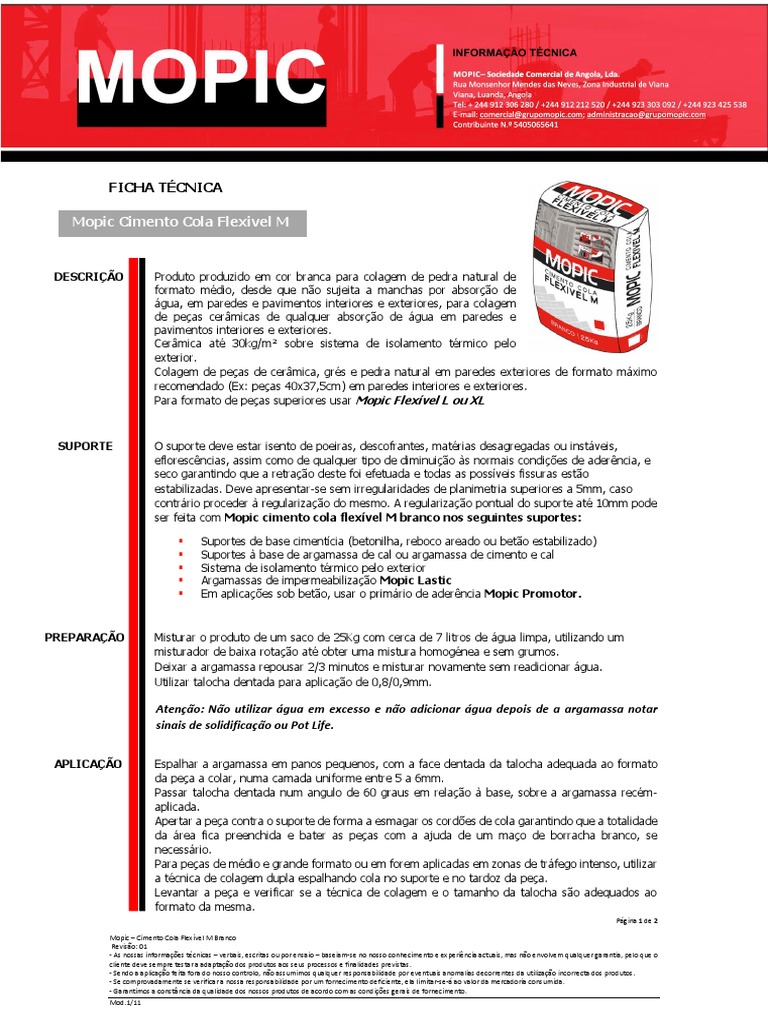 Mopic Cimento Cola Flexível M | PDF | Argamassa (alvenaria) | Cimento