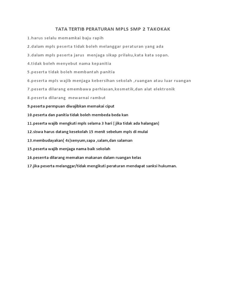 Tata Tertib Peraturan Mpls SMP 2 Takokak | PDF