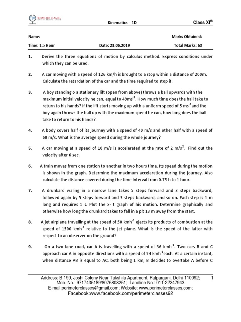 Kinematics - 1D Class XI | PDF | Speed | Acceleration