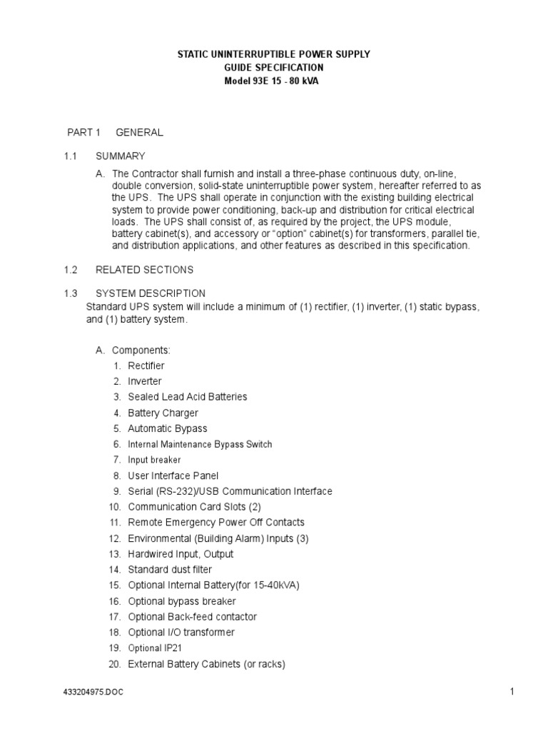93E 15-80 KVA Guide Specification | PDF | Power Inverter | Rectifier