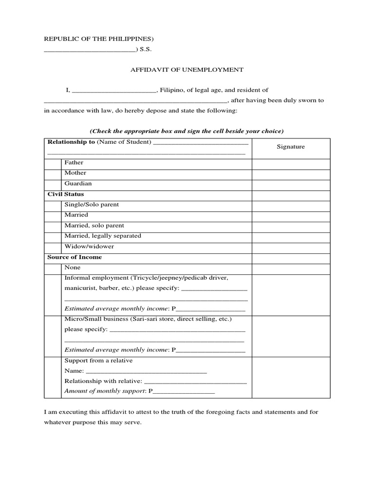 Affidavit of Unemployment Template | PDF | Social Science