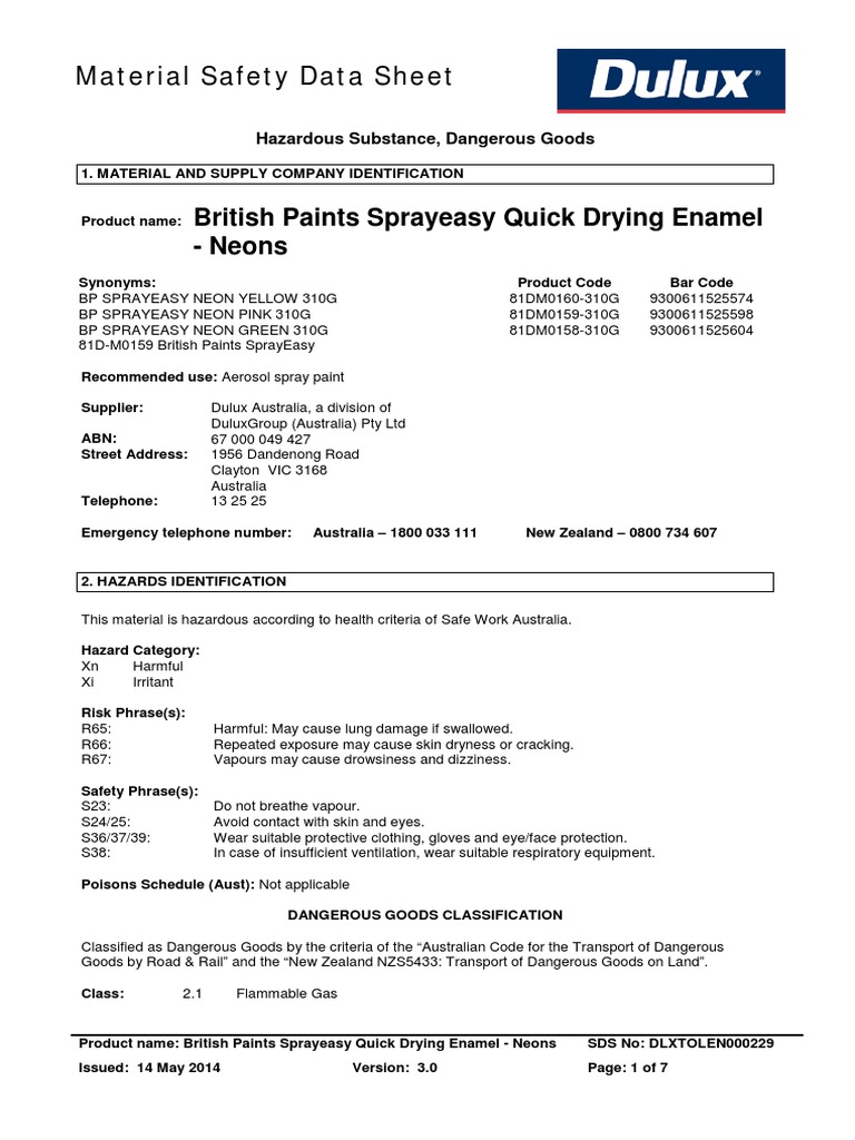 British Paints Sprayeasy Quick Drying Enamel - Neons-AUS SDS PDF | PDF ...