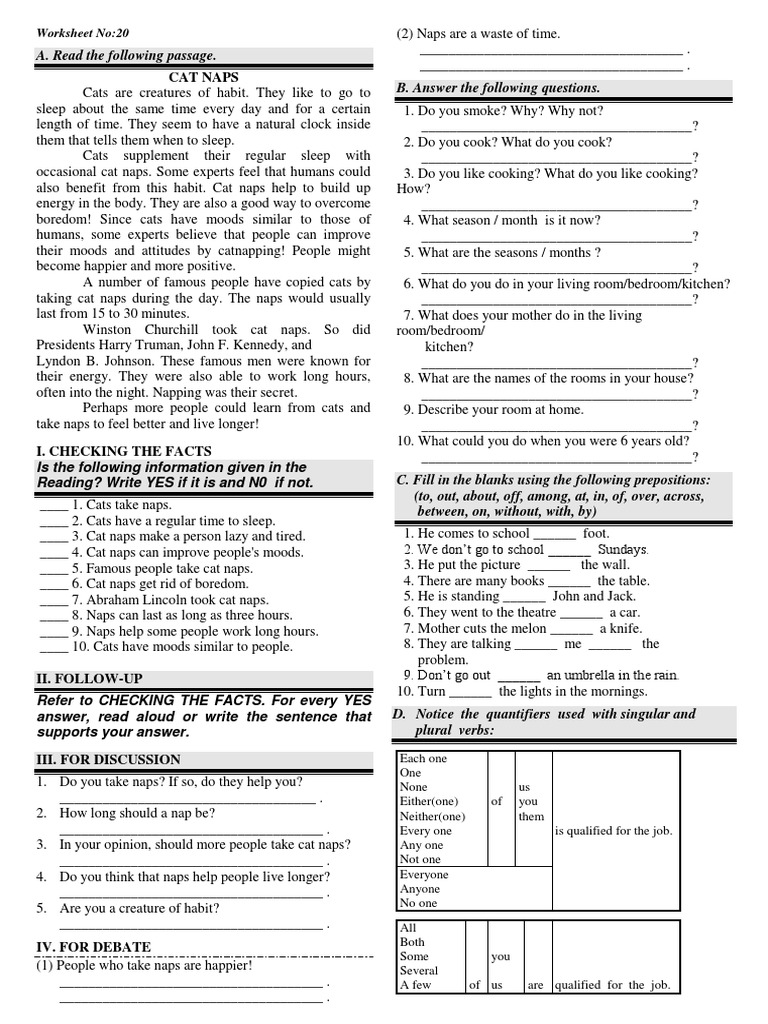 Cat Naps: Worksheet No:20 | PDF | Syntax | Linguistic Morphology