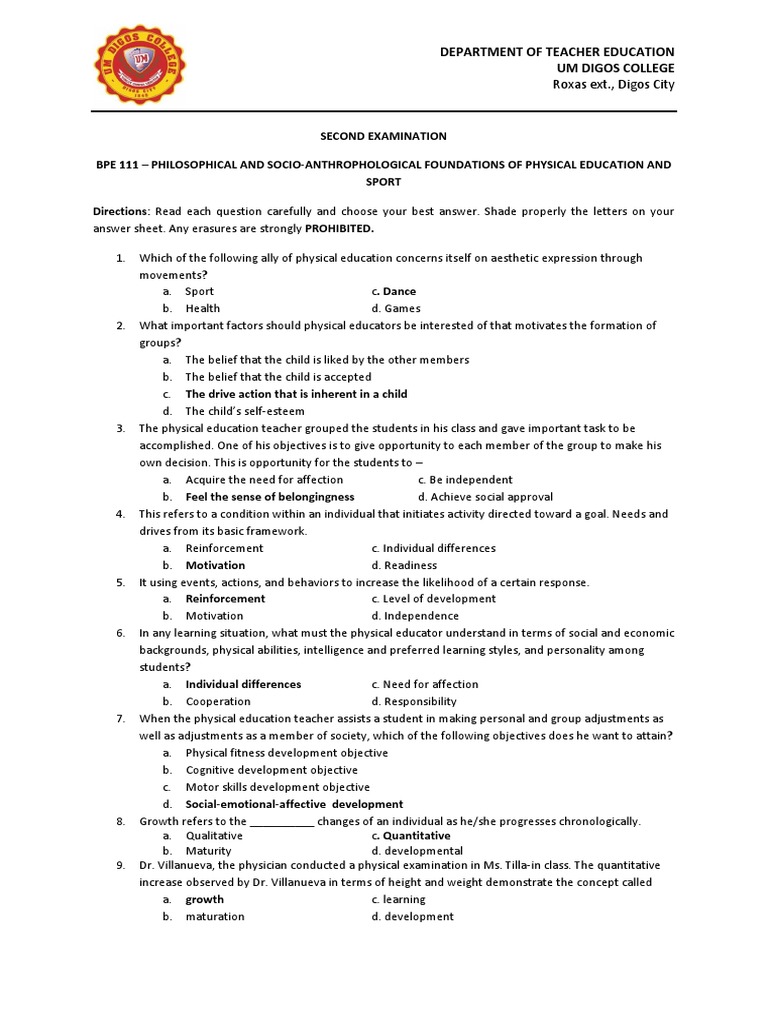 Analysis of a Physical Education Exam Covering Philosophical ...