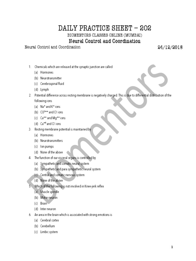 Daily Practice Sheet - 202: Neural Control and Coordination | Download ...