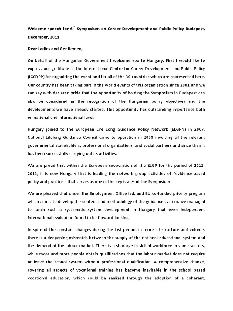Welcome Speech For 6 Symposium On Career Development and Public Policy ...