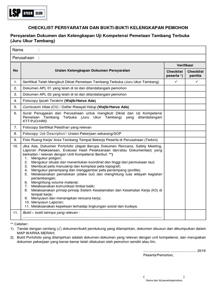 Checklist Persyaratan Dan Bukti Untuk Juru Ukur - 2019 | PDF | Bisnis ...