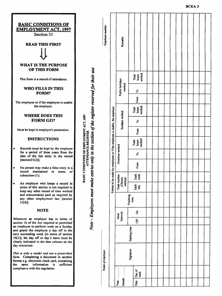 Form BCEA Attendance Register | PDF