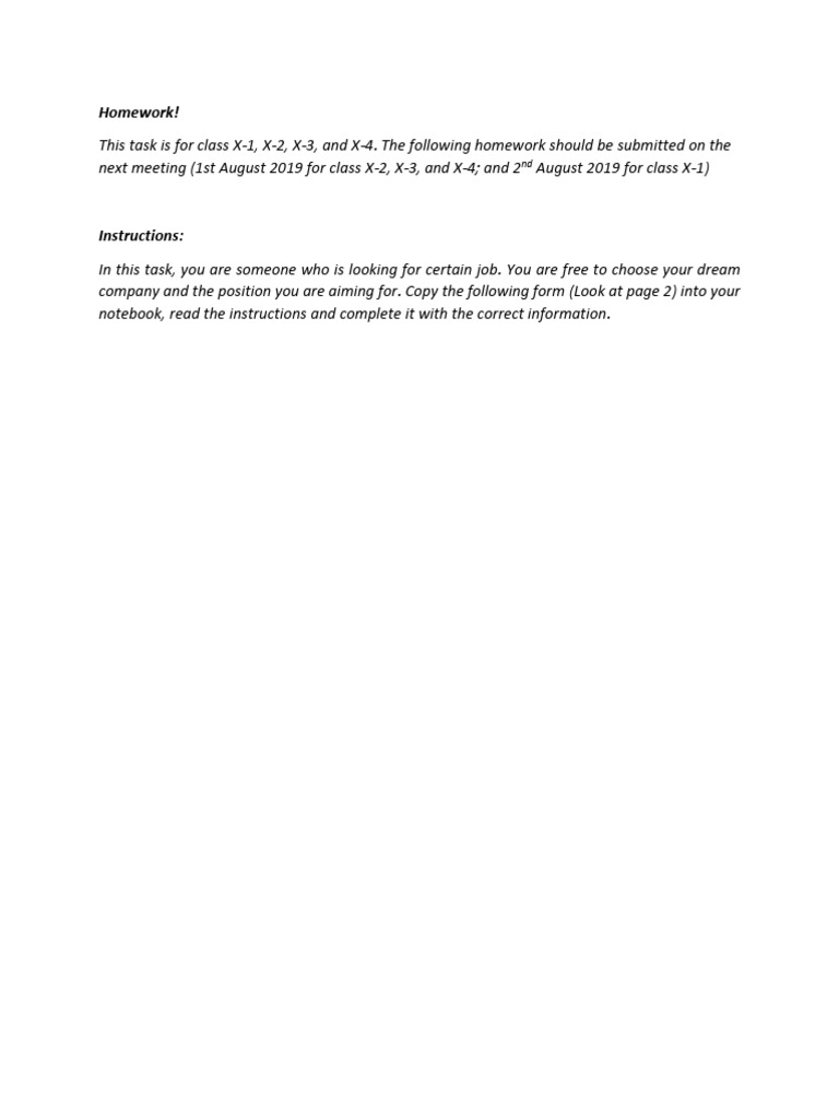 Job Application Homework for Class X | PDF