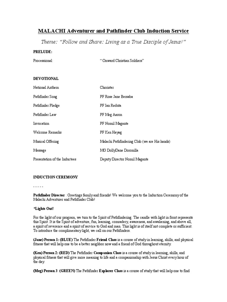 MALACHI Adventurer and Pathfinder Club Induction Service | PDF | Prayer ...