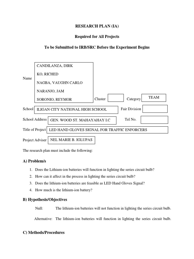 Research Plan (Ia) Required For All Projects To Be Submitted To IRB/SRC ...