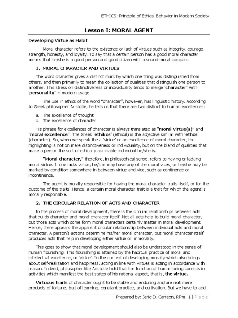 Lesson 1 Moral Agent | PDF | Morality | Virtue