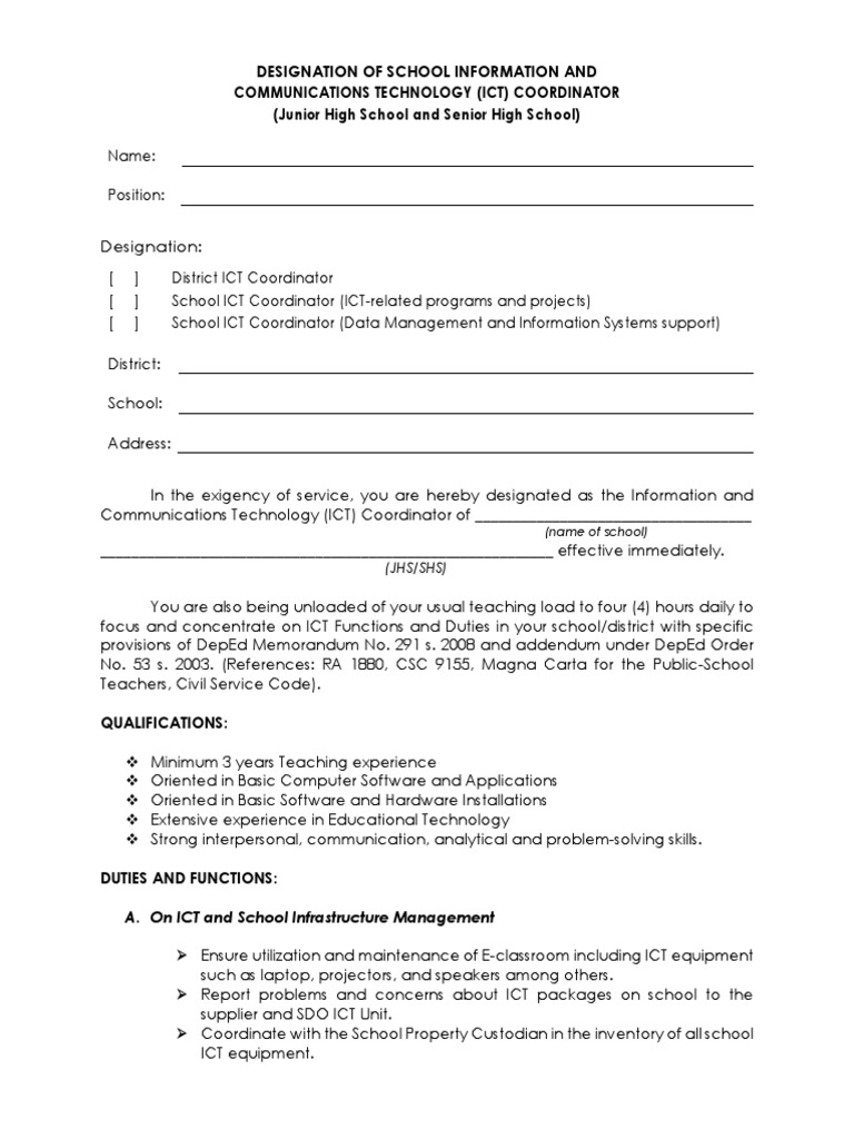 Designation Order Form JHS SHS PDF | PDF | Educational Technology ...