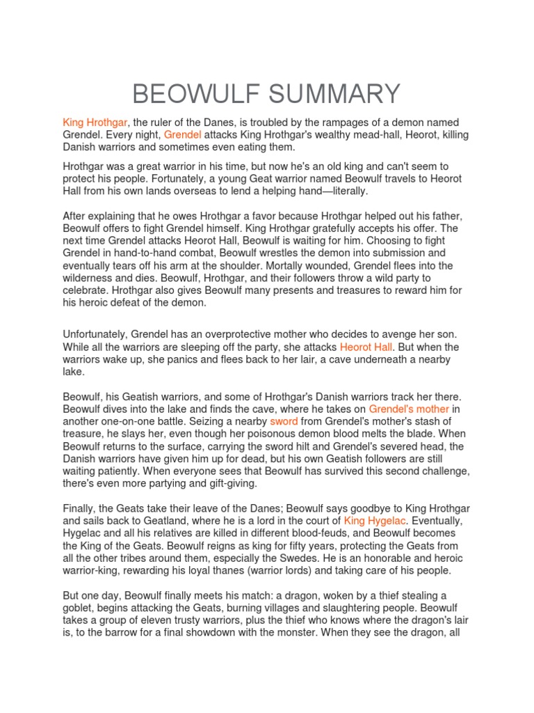 Beowulf Summary: King Hrothgar Grendel | PDF | Beowulf | Lancelot
