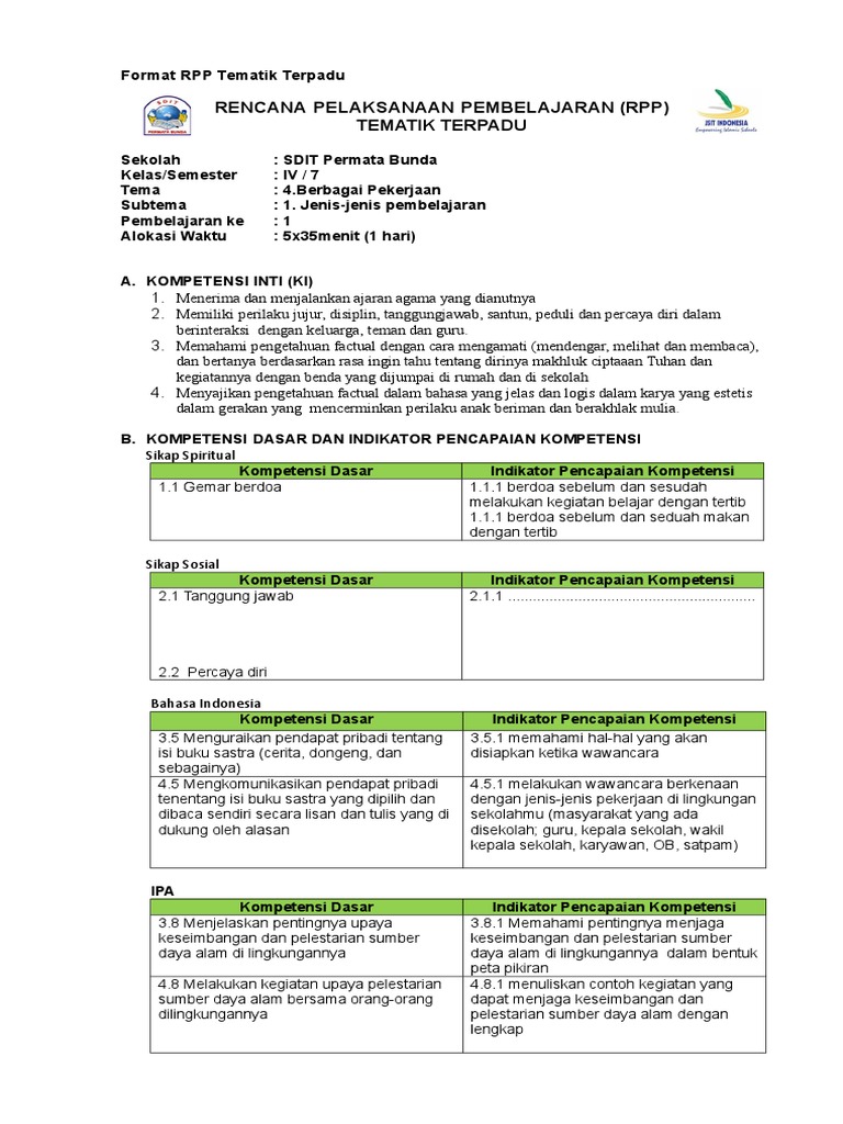 Format RPP Terpadu 2018 (PGB) | PDF