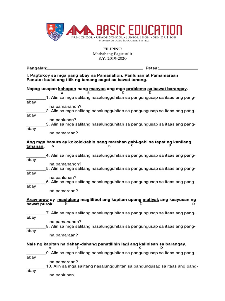 Filipino 7-8 Long Test | PDF