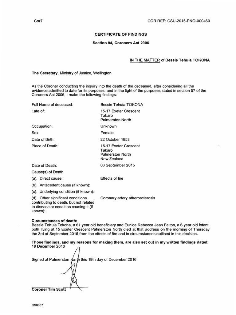 Tokona Coronial Inquest - Certificate of Findings - 19 Dec 2016 | PDF ...