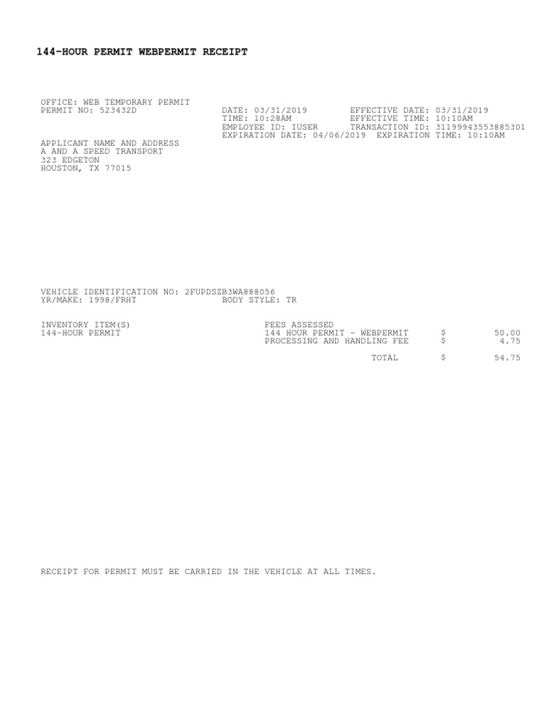 144-Hour Permit Webpermit Receipt | PDF | Business