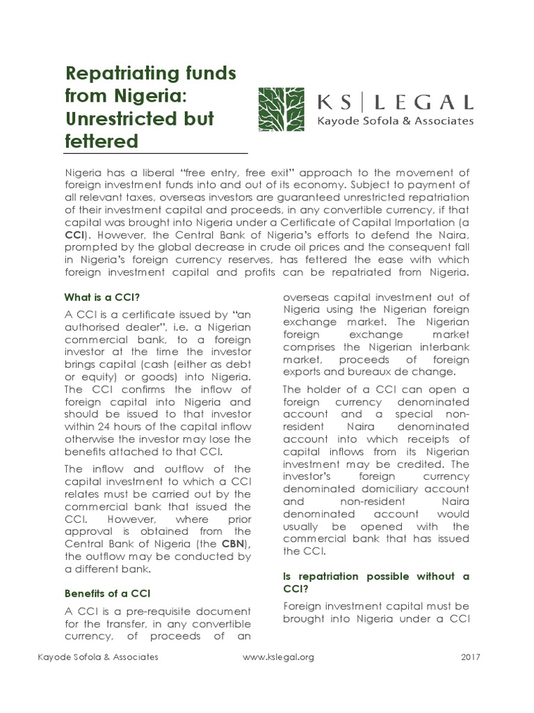 Repatriation of Funds in Nigeria: CCI Guide | PDF | Foreign Exchange Market | Investor