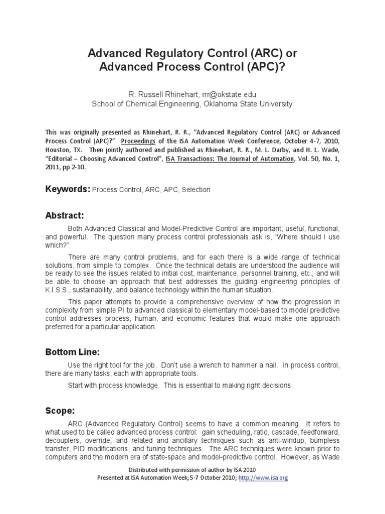 Advanced Regulatory Control (ARC) or Advanced Process Control (APC ...