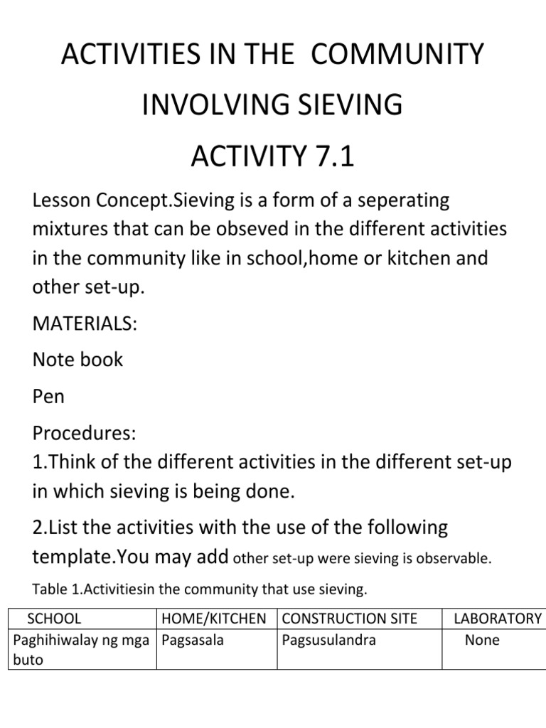 Activities in The Community Involving Sieving Activity 7.1 | PDF | Home ...