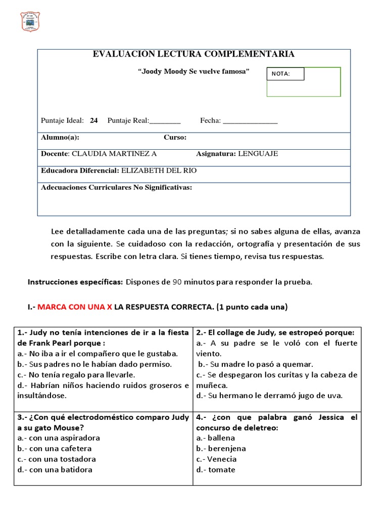 Evaluacion Judy Moody Se Vuelve Famosa