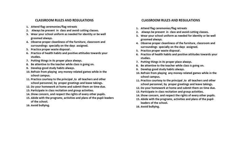 Classroom Rules and Regulations | PDF | Schools