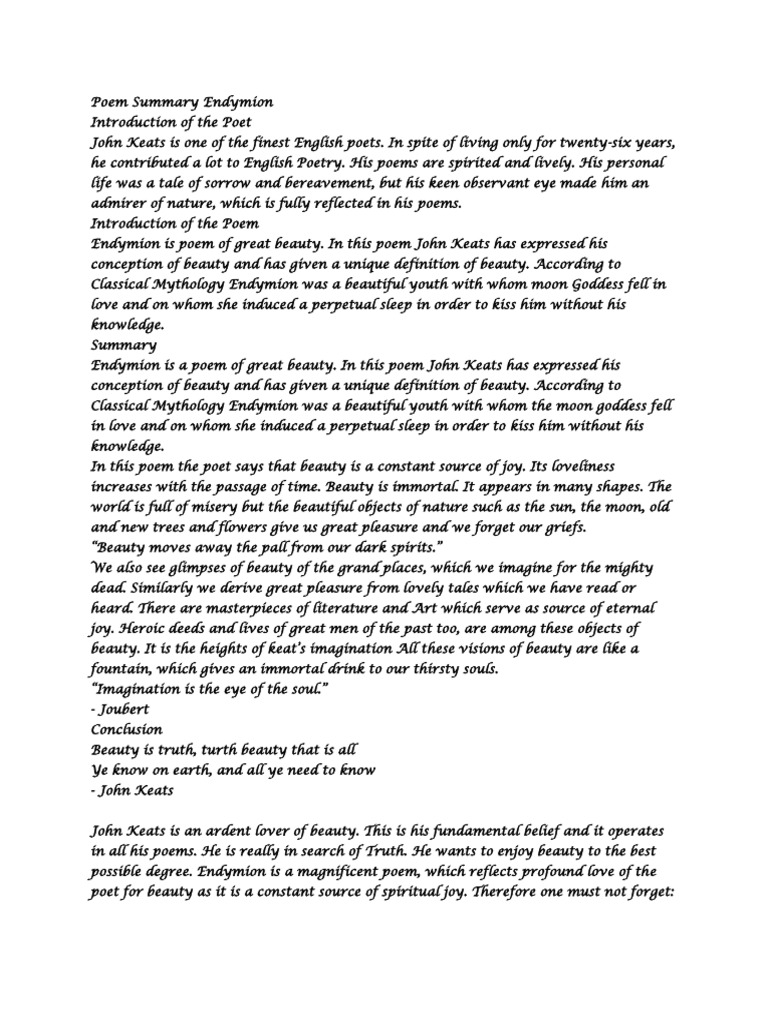 Poem Summary Endymion | PDF | John Keats | Poetry