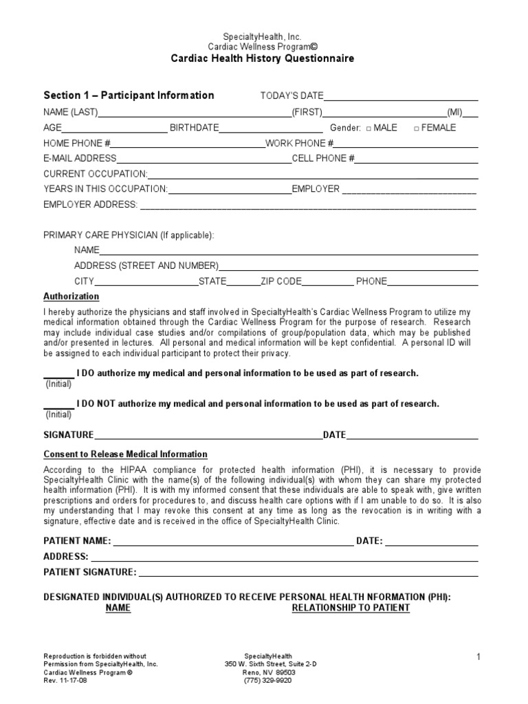 Cardiac Health History Questionnaire | PDF | Myocardial Infarction ...