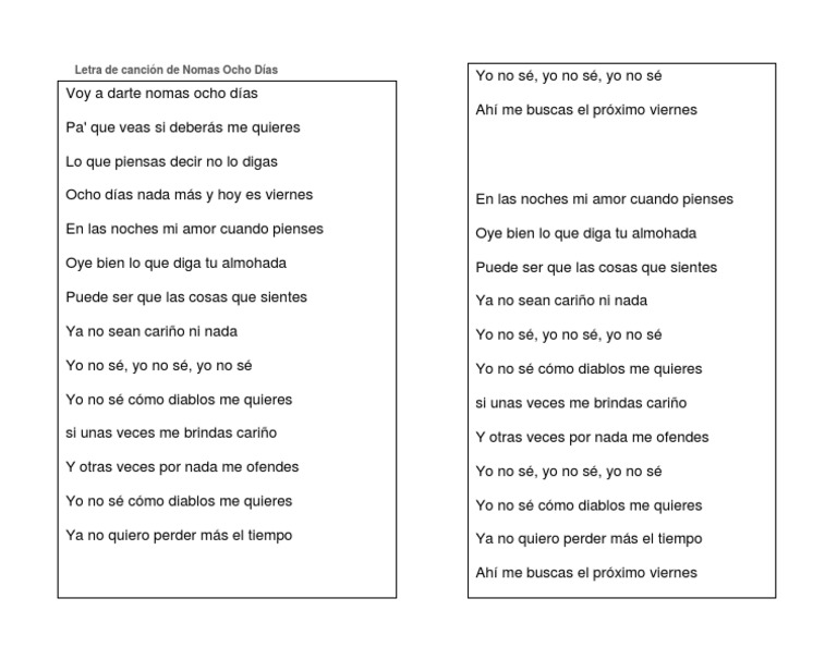 Letra de Canción de Nomas Ocho Días | PDF