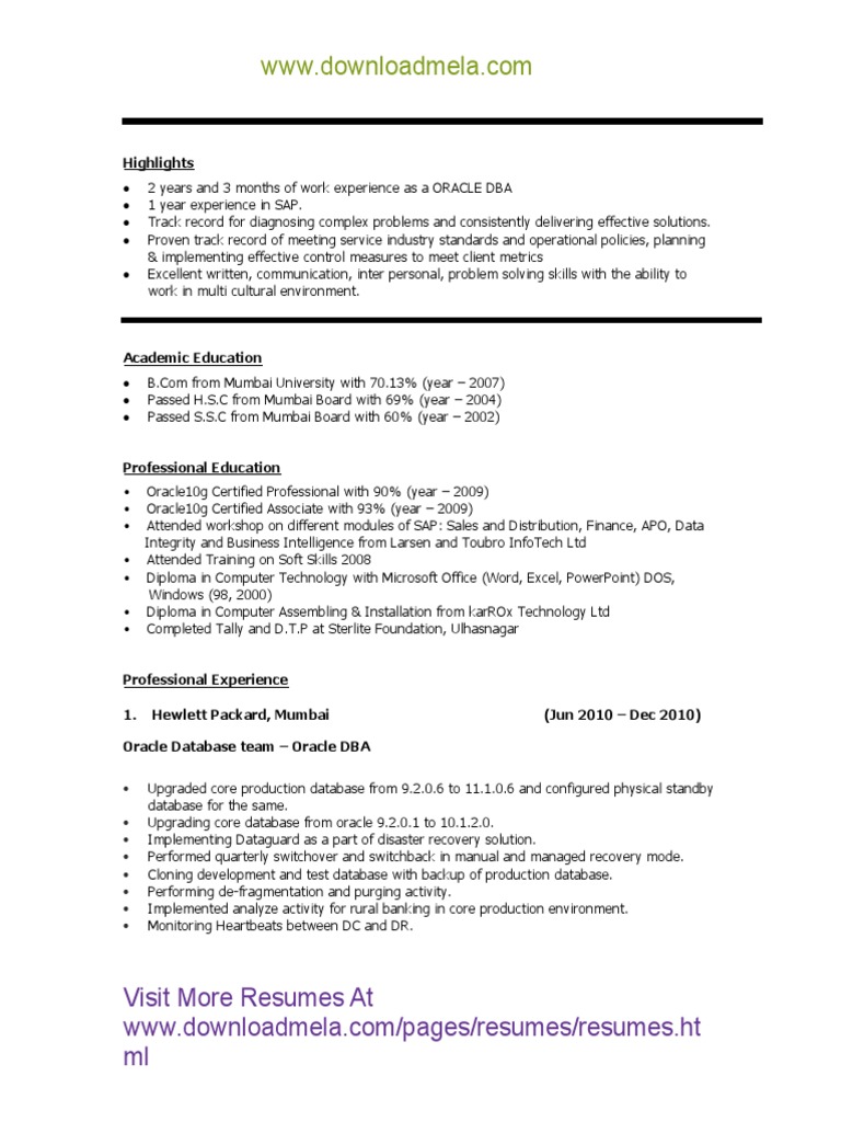 SAP 1 Year Experience Resume | Download Free PDF | Oracle Database ...