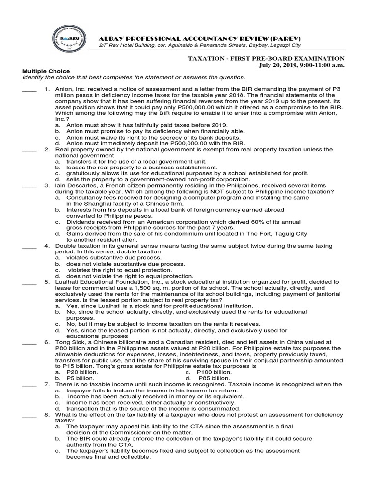1st Pre-Board Taxation | PDF | Taxpayer | Income Tax