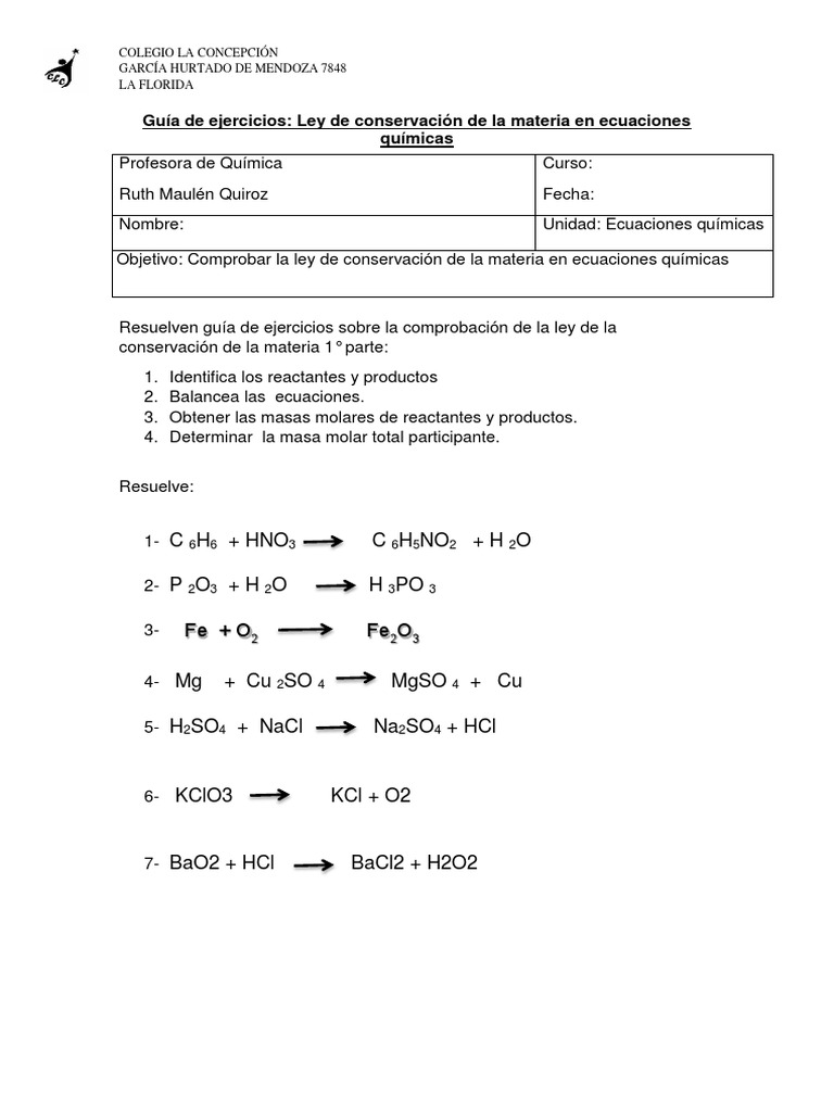 Hoja De Trabajo Sobre Conservación De Masa Para La Escuela Secundaria