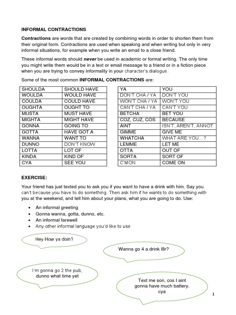 A Guide to Common Informal Contractions for Casual Communication | PDF ...