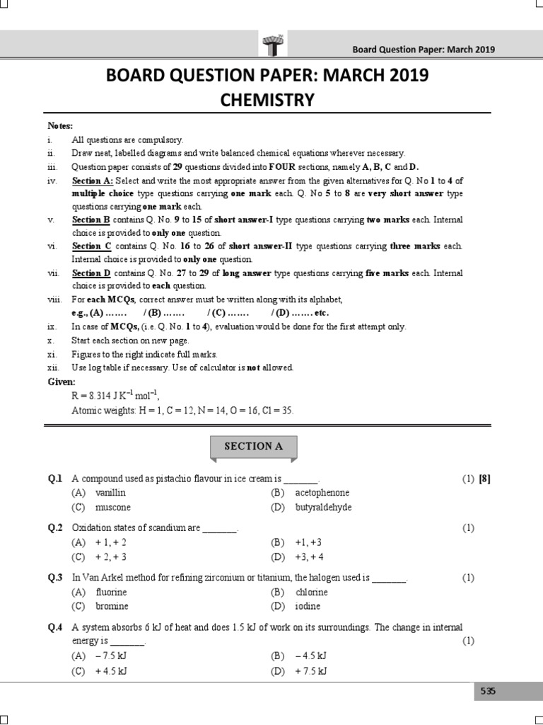 Chemistry March 2019 STD 12th Science HSC Maharashtra Board Question ...