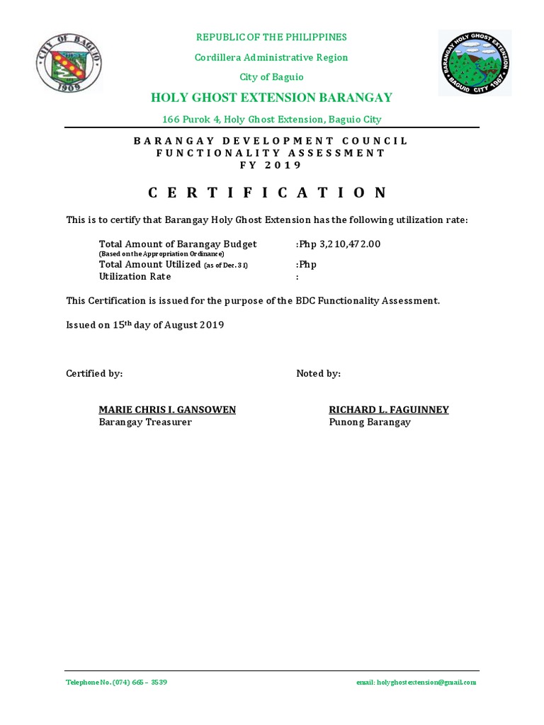 Certification (Barangay Budget Utilization Rate) | PDF