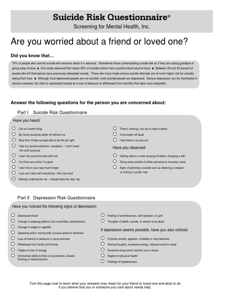 Suicide Risk Questionnaire: Screening For Mental Health, Inc | PDF ...