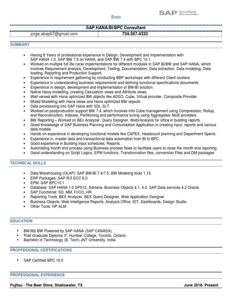 Resume of a SAP BI/BW and BPC Consultant with Experience in ...