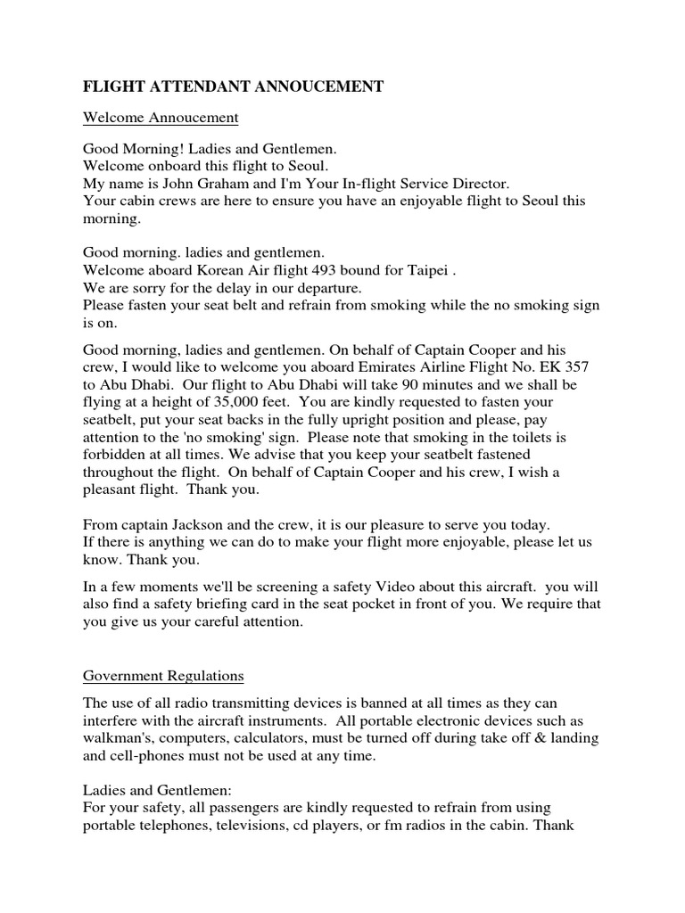 Flight Attendant Annoucement | PDF | Flight Attendant | Seat Belt