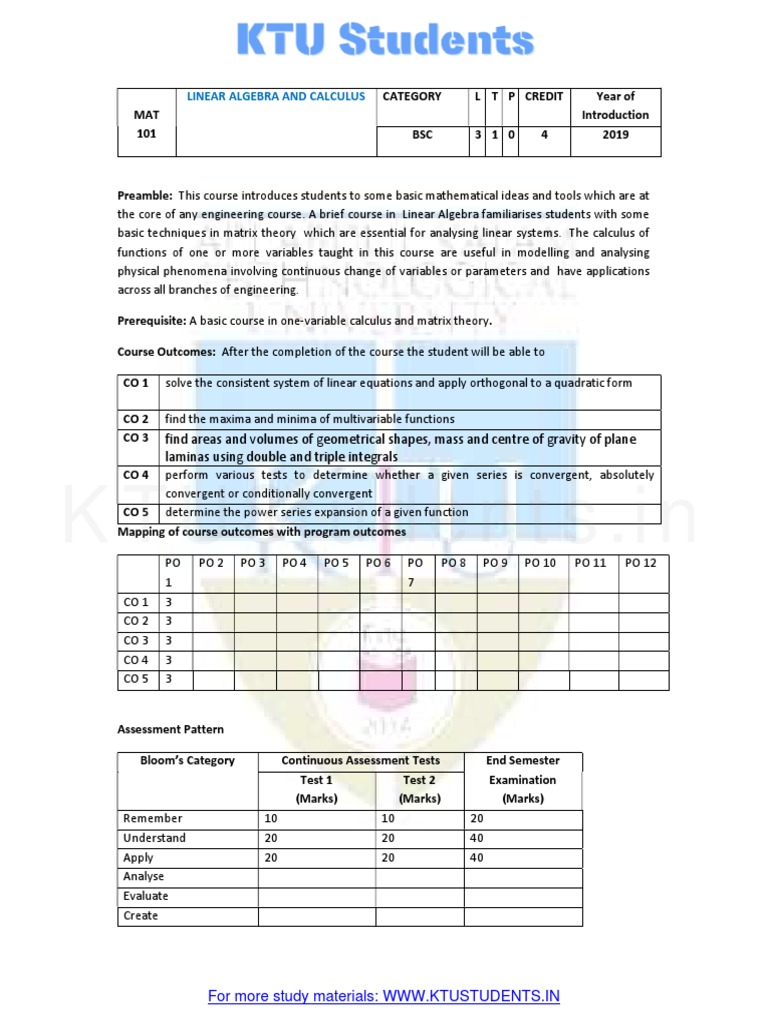 Linear Algebra and Calculus 2019 Syllabus Ktustudents - in | PDF ...
