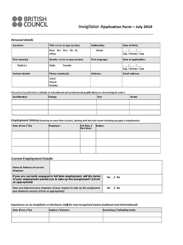 Invigilator Ap: Plication Form - July 2019 | PDF | Employment | Business