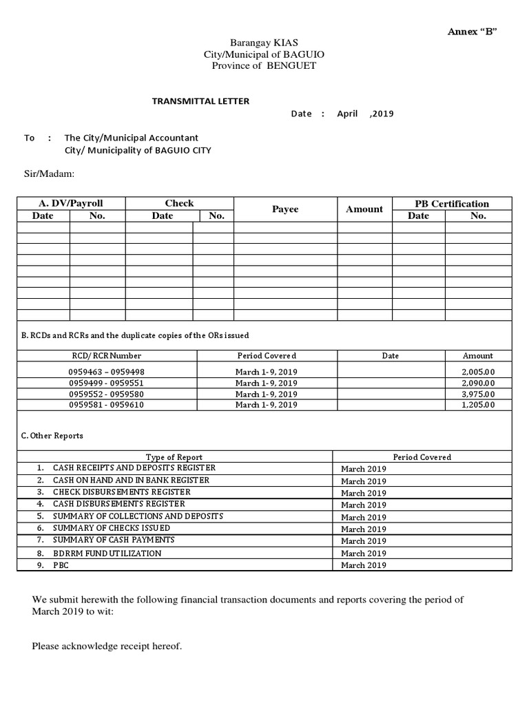 Barangay Transmittal Letter | PDF | Payments | Receipt