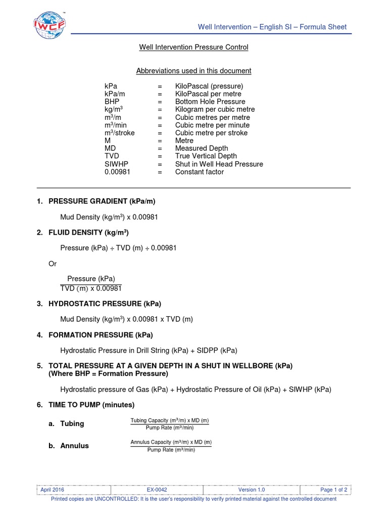 Well Intervention Formula Sheet SI | PDF | Pascal (Unit) | Pressure