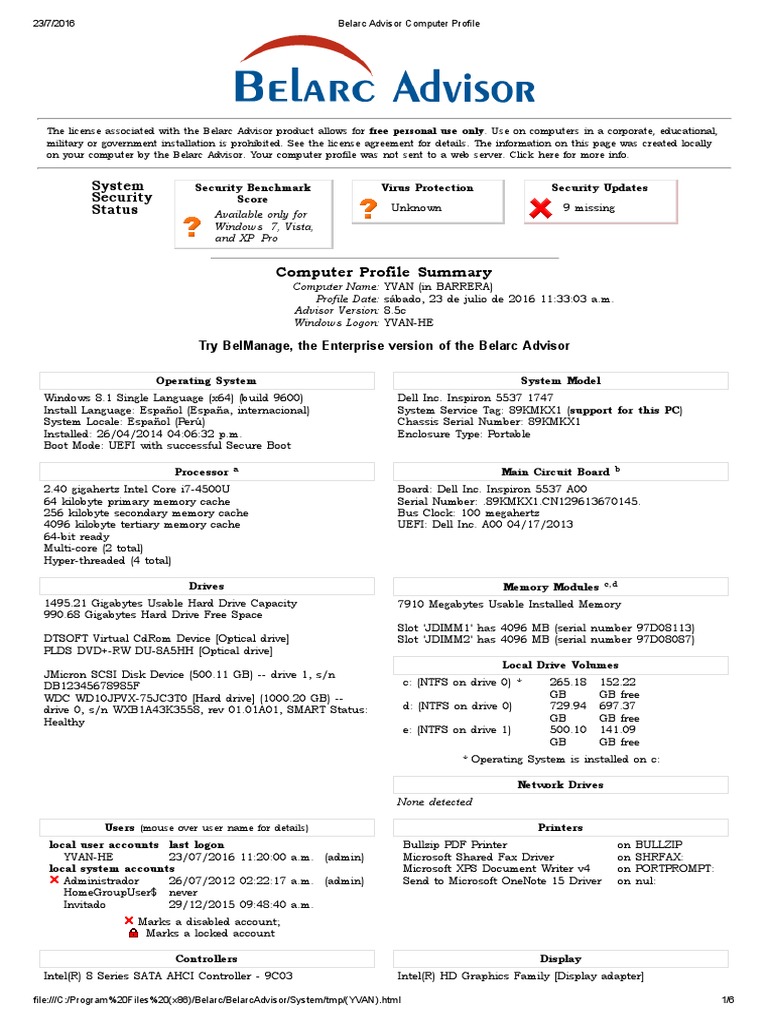 Belarc Advisor Computer Profile - Inventario Software - Hardware | PDF ...