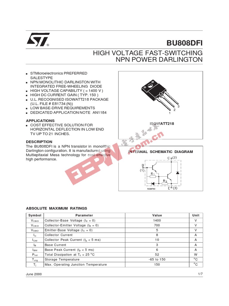 BU808DFI: High Voltage Fast-Switching NPN Power Darlington | PDF ...