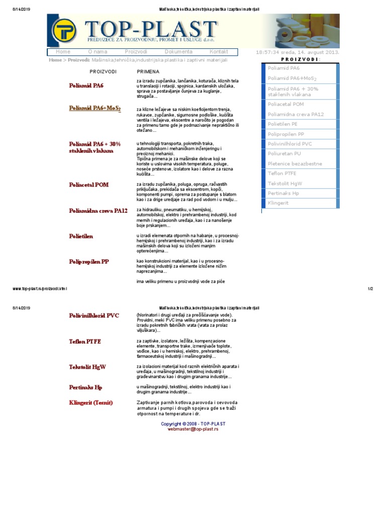 Mašinska, Tehnička, Industrijska Plastika I Zaptivni Materijali | PDF