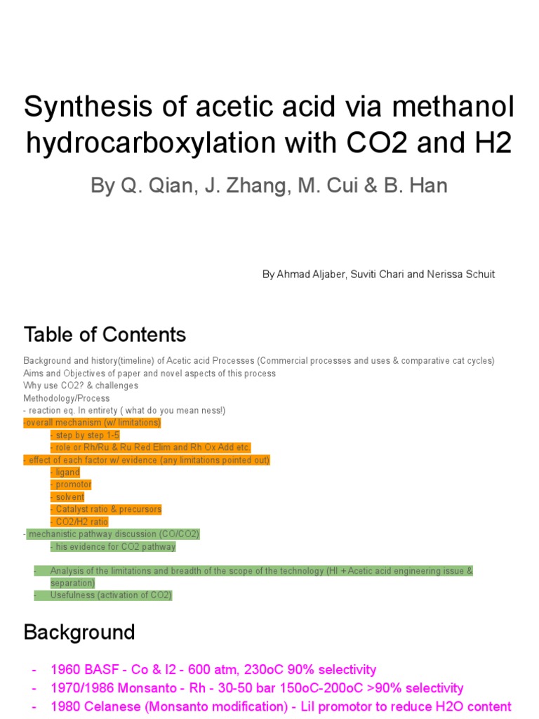 Acetic Acid Synthesis via CO2 Hydrocarboxylation | PDF | Acetic Acid ...