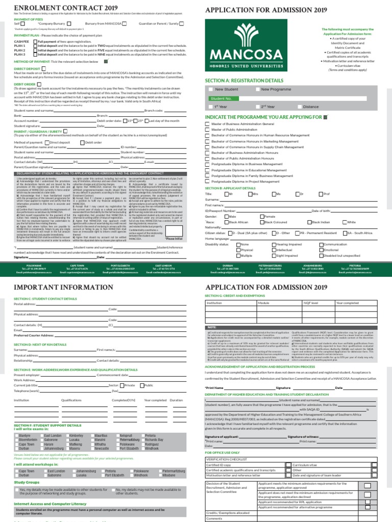 Mancosa Application For Admission 2019 | PDF | University And College ...
